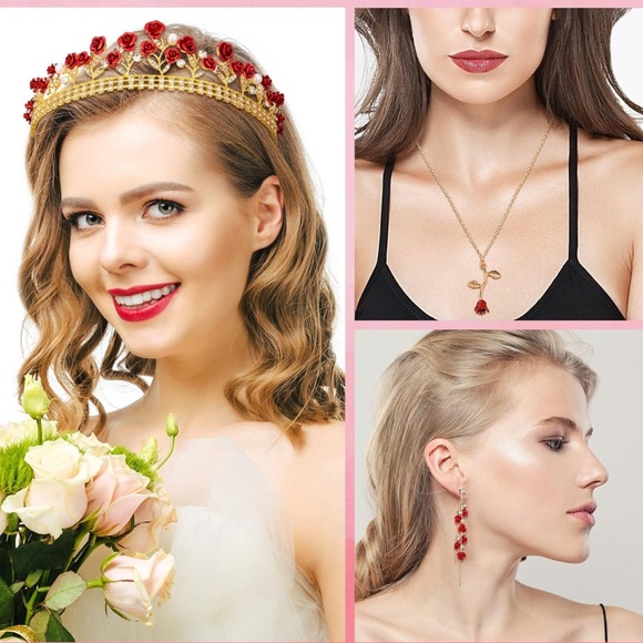 Jewelry | Queen Crowns Red Rose Tiaras Long Necklaces Rose Flower ...